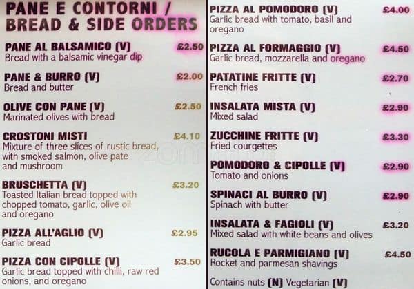 Menu at Al Bacio Italian Restaurant, Manchester