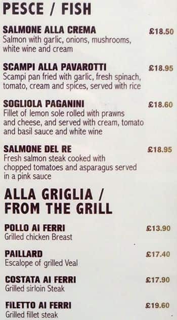 Menu at Al Bacio Italian Restaurant, Manchester