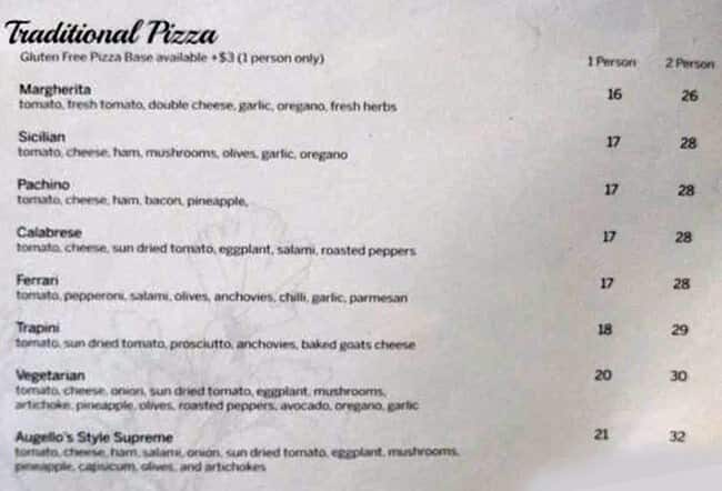 Menu at Augello's Balwyn Ristorante & Pizzeria, Balwyn