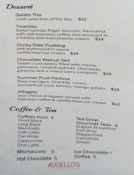 Menu at Augello's Balwyn Ristorante & Pizzeria, Balwyn