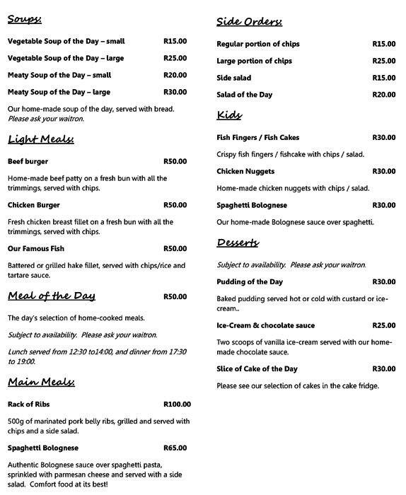 Speisekarte von Memories Coffee Lounge & Restaurant, Pretoria