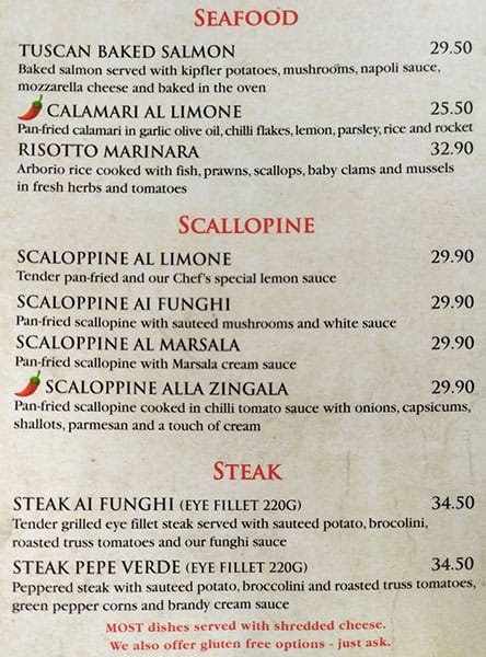 Menu at Marinara Restaurant, Brisbane Airport
