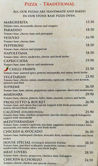 Menu at Marinara Restaurant, Brisbane Airport