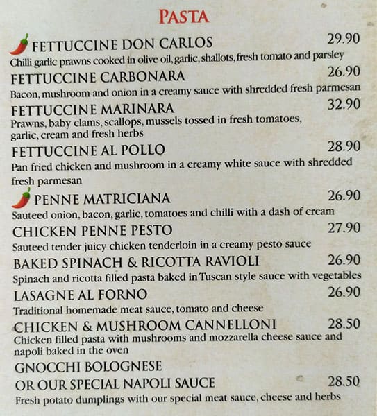 Menu at Marinara Restaurant, Brisbane Airport