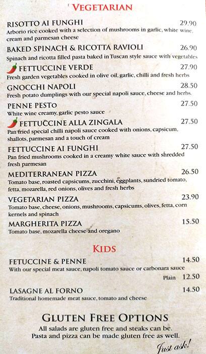 Menu at Marinara Restaurant, Brisbane Airport