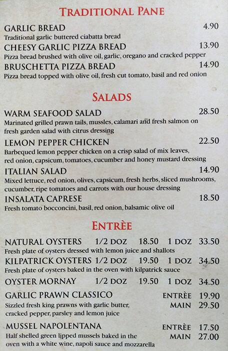 Menu at Marinara Restaurant, Brisbane Airport