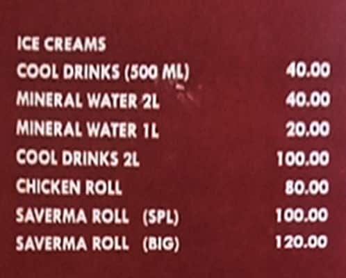Menu at Akash fast food, Chennai, metro pillar no 183