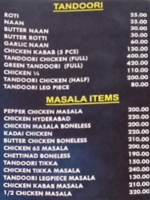 Menu at Akash fast food, Chennai, metro pillar no 183