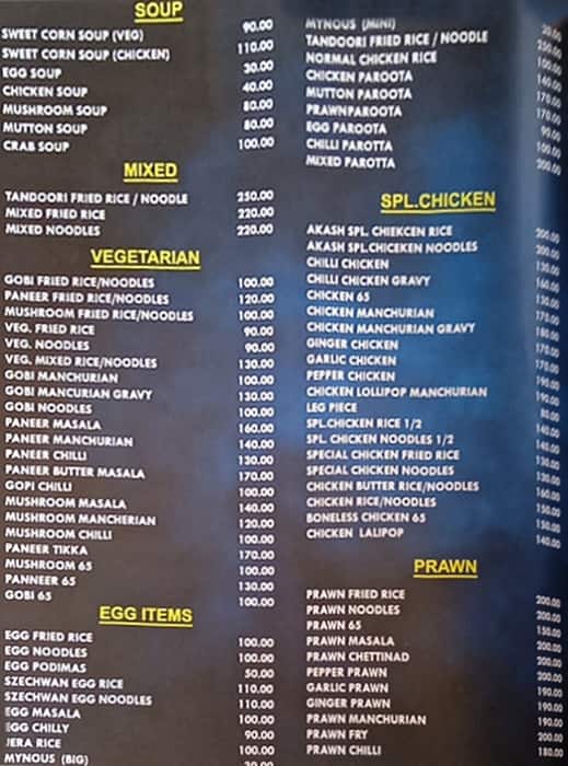 Menu at Akash fast food, Chennai, metro pillar no 183