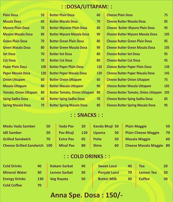 Menu of Anna Dosa Gruha, Lavasa, Pune