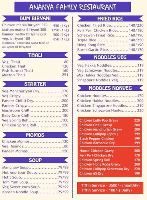 Menu of Ananya Family Restaurant, Chembur, Mumbai