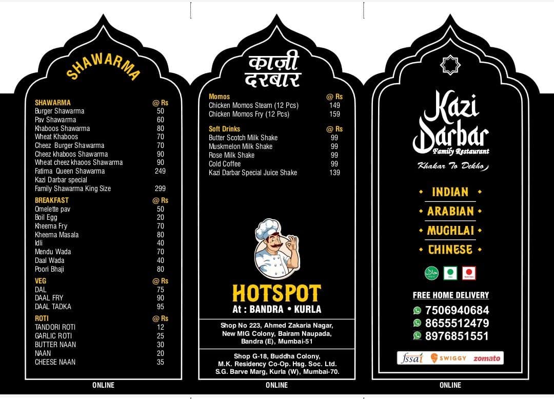 Menu of Kazi Darbar Family Restaurant, Kurla, Mumbai Menu of Kazi Darbar Family Restaurant, Kurla, Mumbai