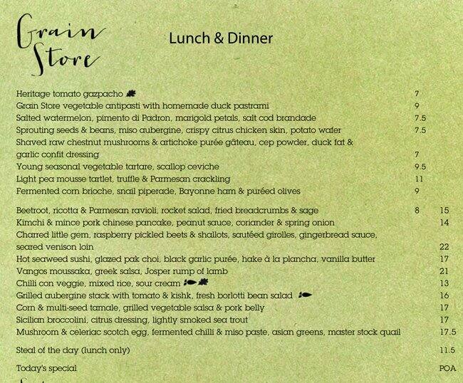 Menu at Grain Store pub & bar, London, 1-3 Stable St