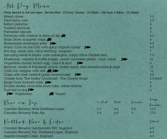 Menu at Grain Store pub & bar, London, 1-3 Stable St