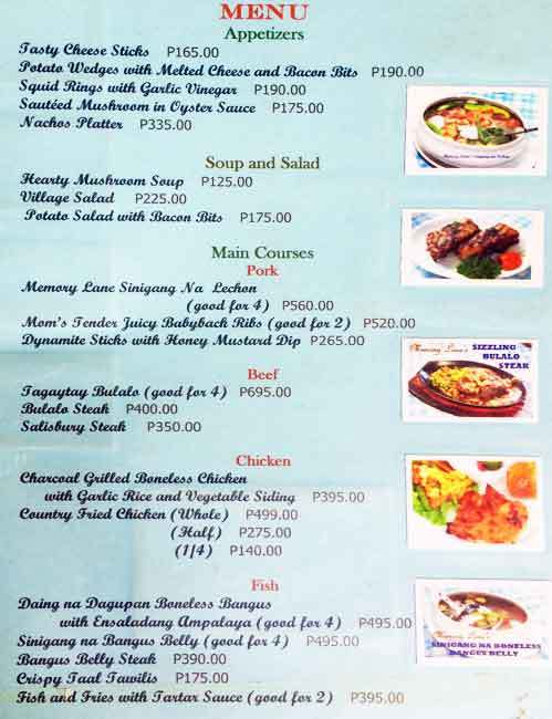 Memory Lane Menu, Menu for Memory Lane, Tagaytay City, Tagaytay City ...