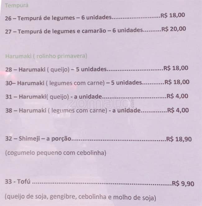 Menu at Restaurente Nishi Sushi Bar, São Paulo