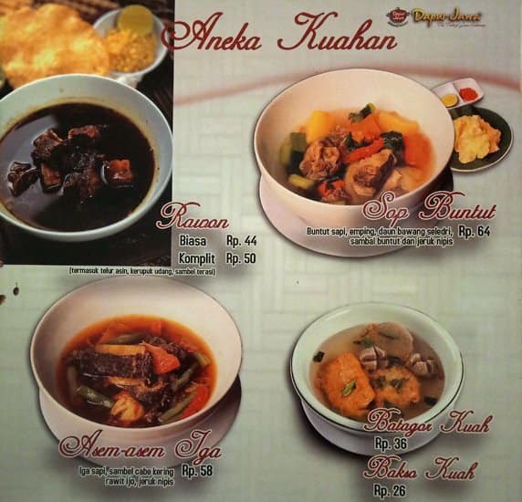 Menu at Dapur Jawa restaurant, Jakarta, RT.2/RW.1