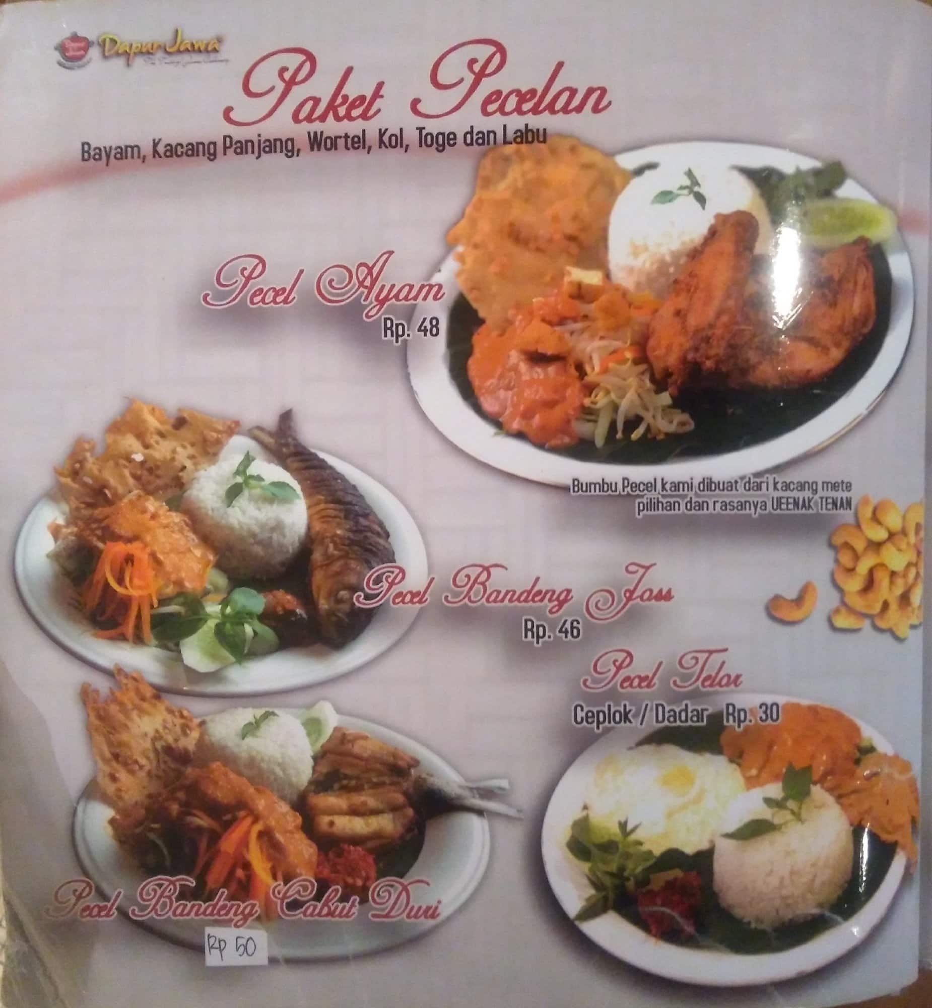 Menu at Dapur Jawa restaurant, Jakarta, RT.2/RW.1