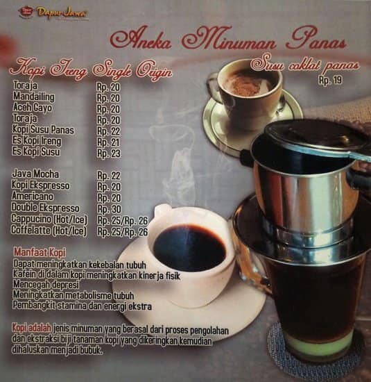 Menu at Dapur Jawa restaurant, Jakarta, RT.2/RW.1
