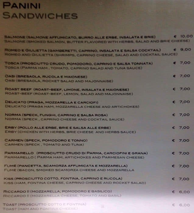 Menu da Cafè Martini pub & bar, Milano, Via dei Mercanti