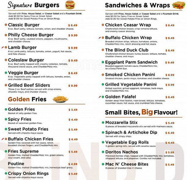 Menu at Blind Duck Pub, Mississauga