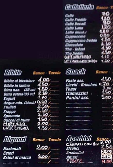 Menu at Angolo Bar, Rome, Via Nicolò da Pistoia