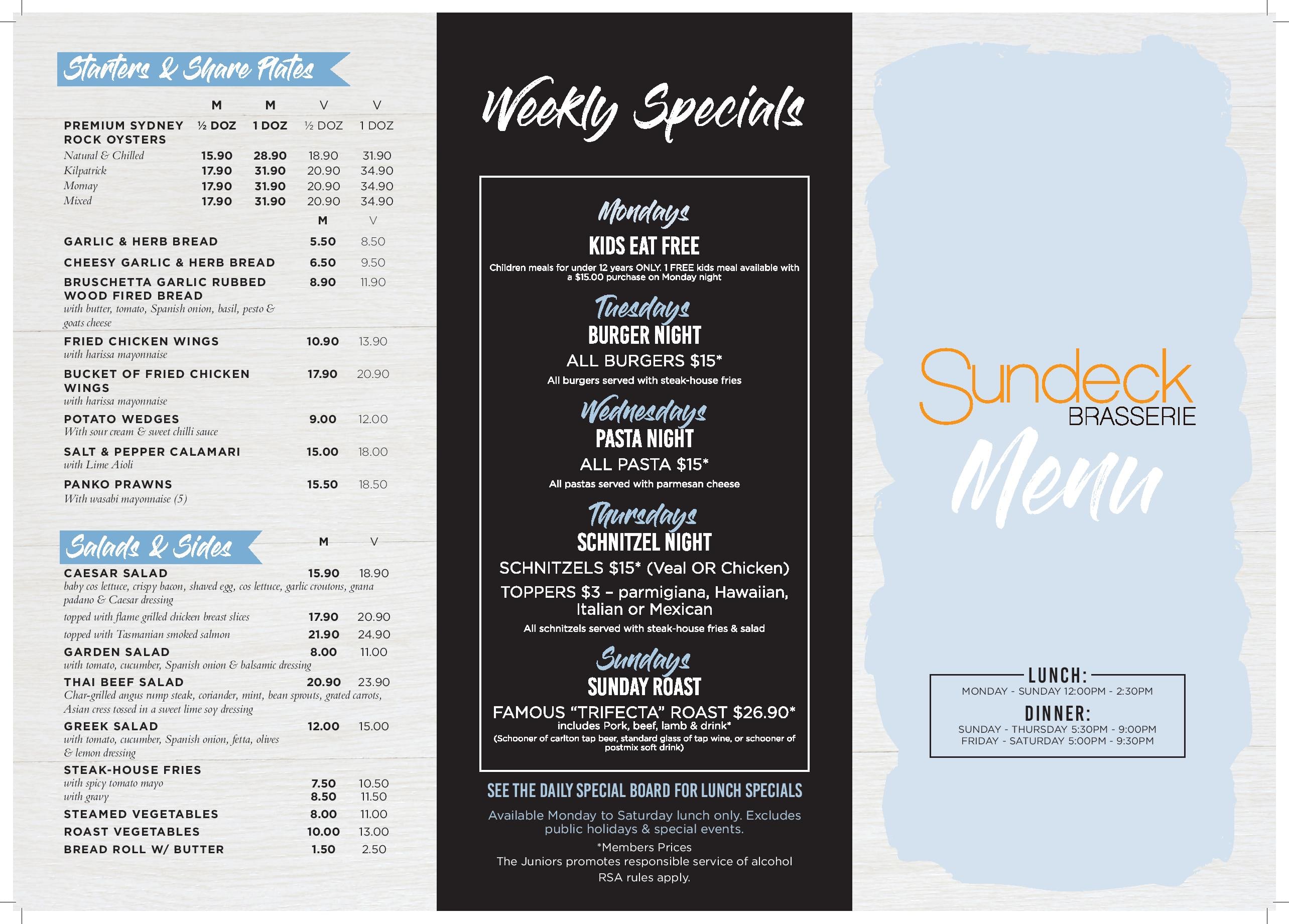 Menu at Sundeck Brasserie restaurant, Kingsford