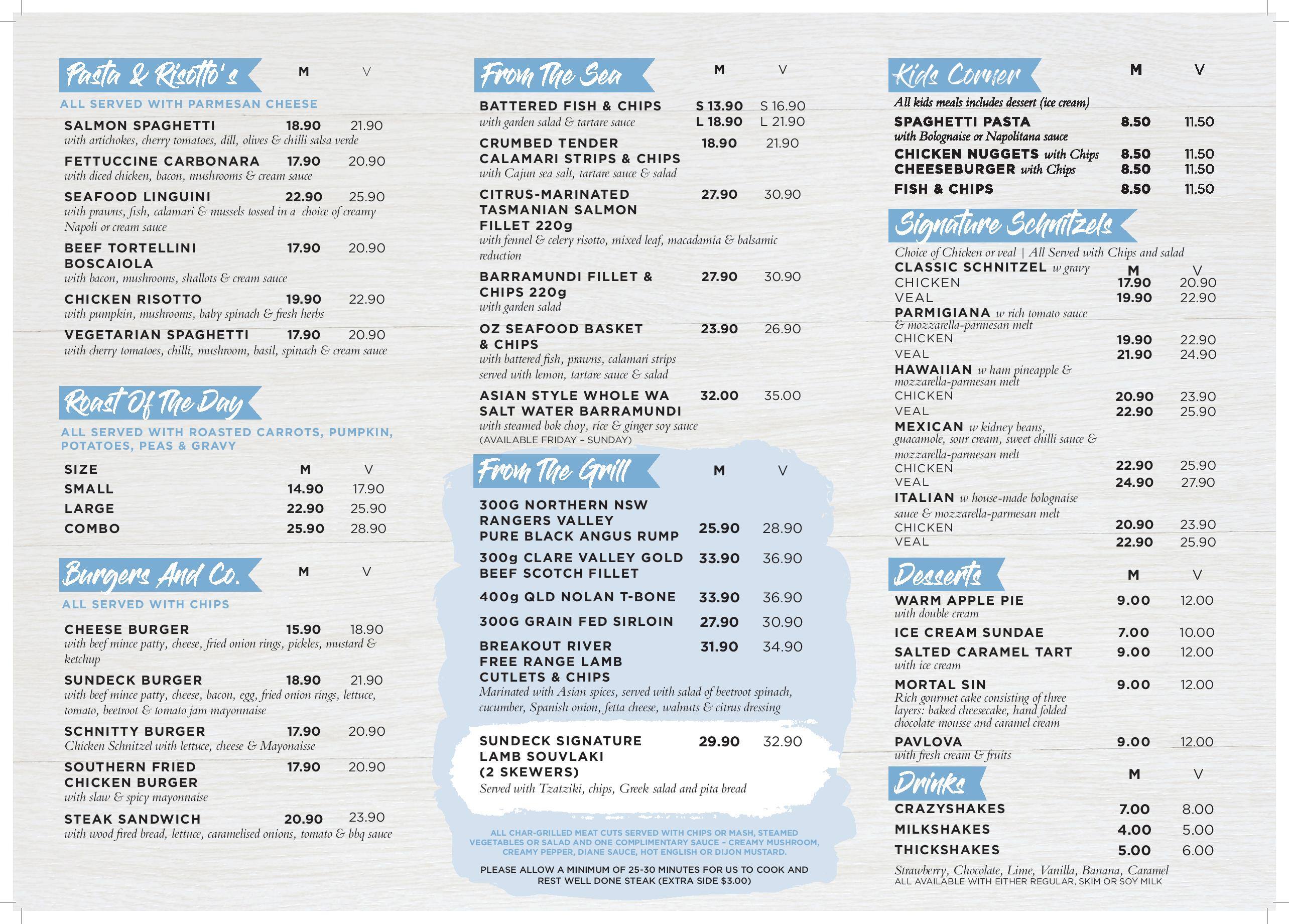 Menu at Sundeck Brasserie restaurant, Kingsford