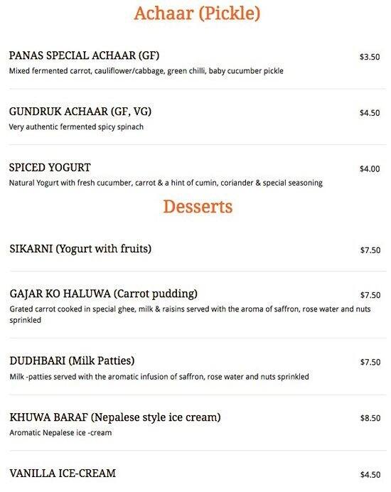 Carta de Panas Restaurant, Adelaida