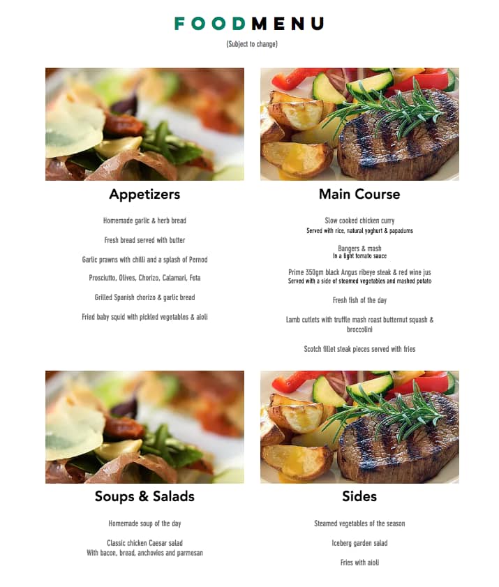 Menu at The Celtic Club Perth, West Perth