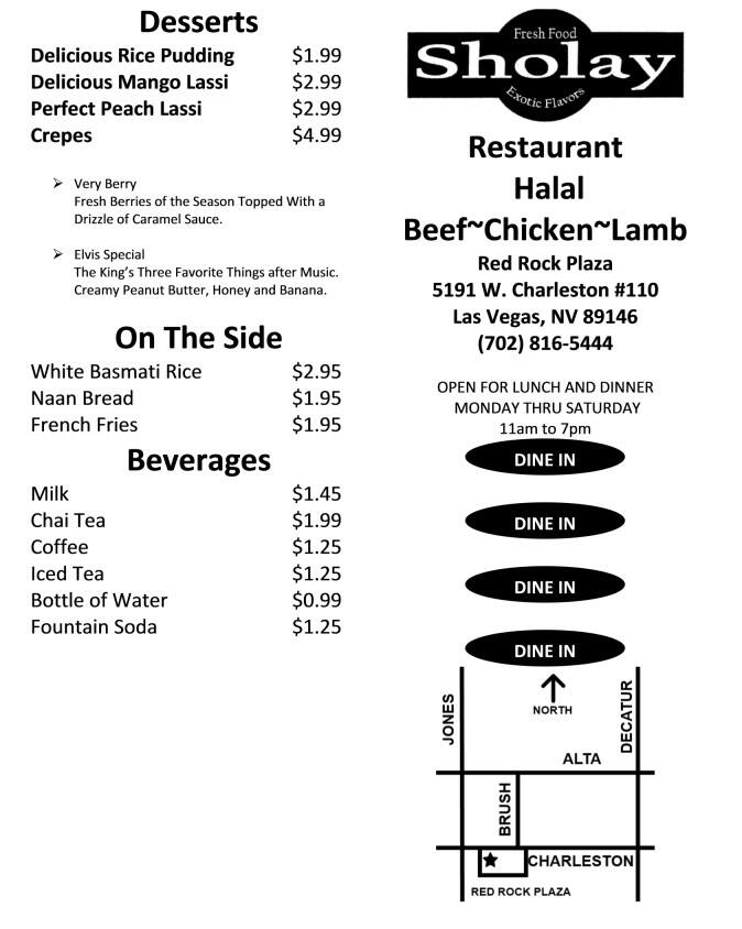 Menu at Sholay restaurant, Las Vegas