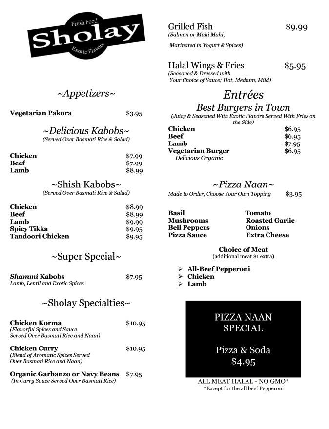 Menu at Sholay restaurant, Las Vegas