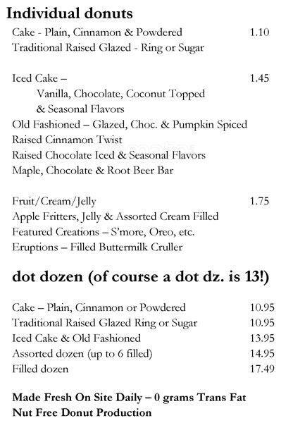 Menu at dot donuts desserts, Vancouver