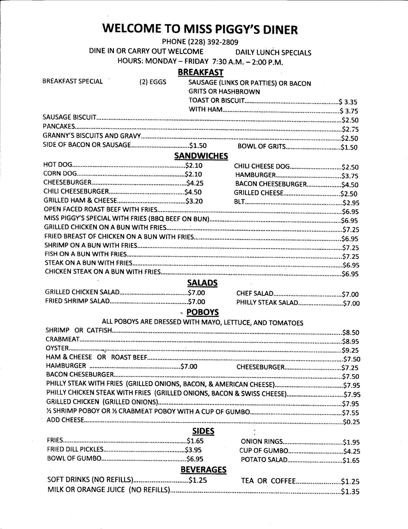 Menu at Ms Piggy restaurant, Biloxi, Lorraine Rd