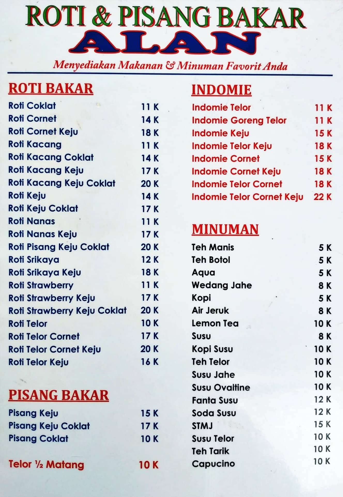 Menu at Roti Pisang Bakar ALAN cafeteria, South Jakarta