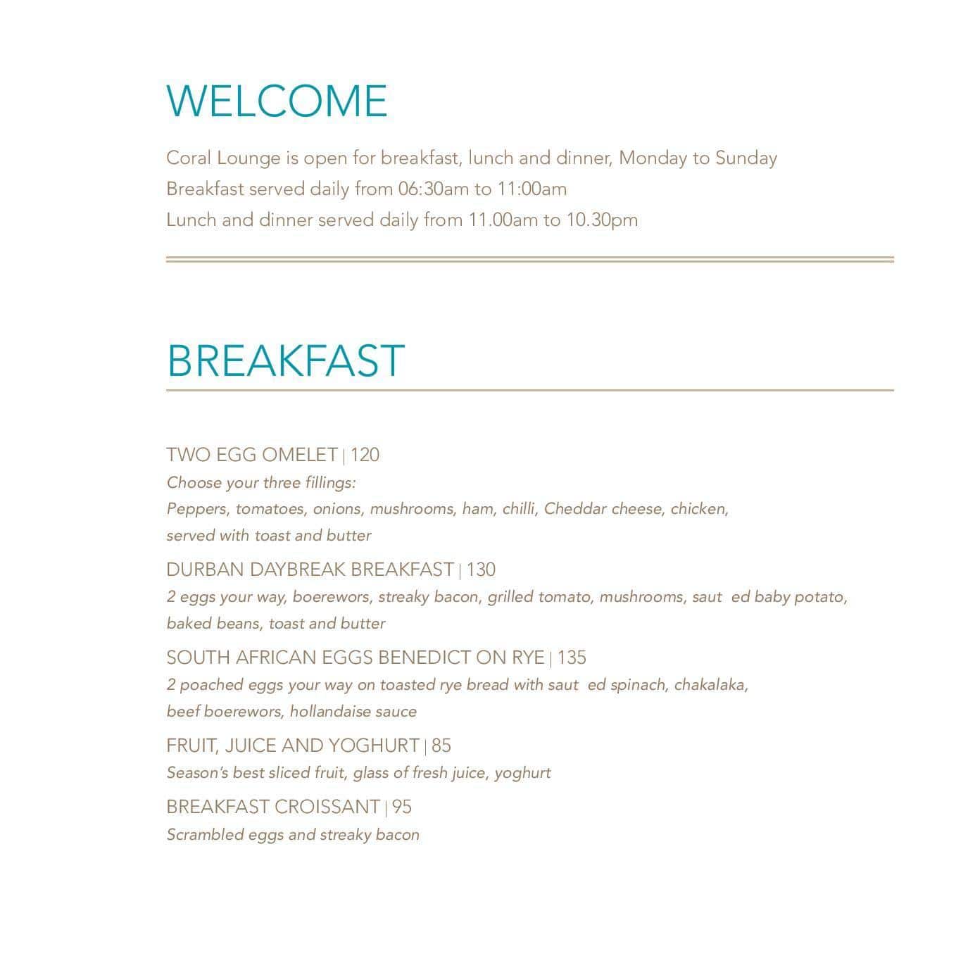 Carta del café Hilton Durban, Durban