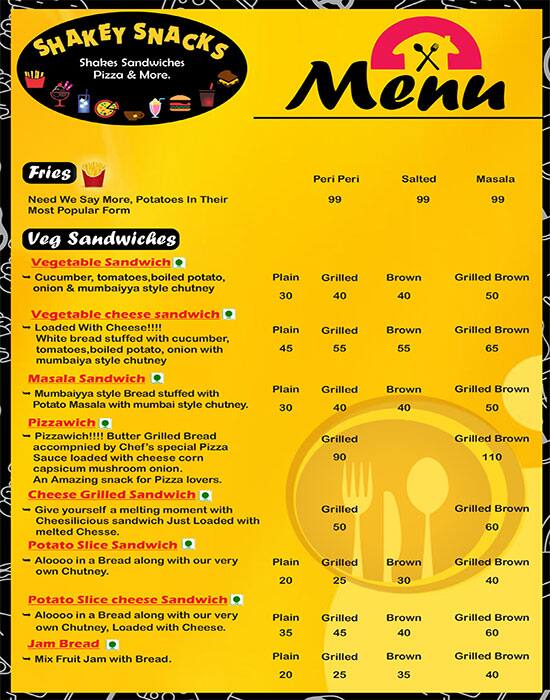 Menu of Shakey Snacks, Dahisar East, Mumbai