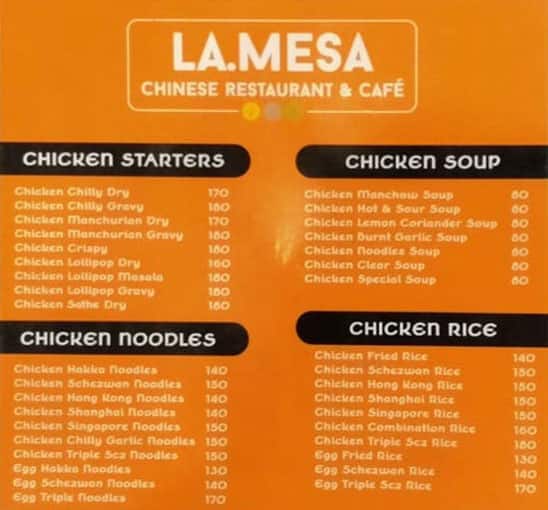 Menu of La Mesa, Shivaji Nagar, Pune