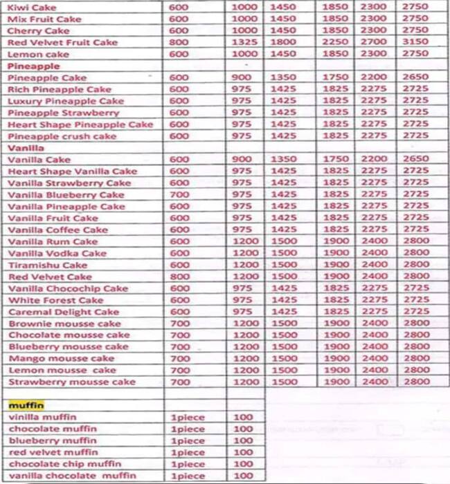 Menu of Cake Corner, Vasant Kunj, New Delhi