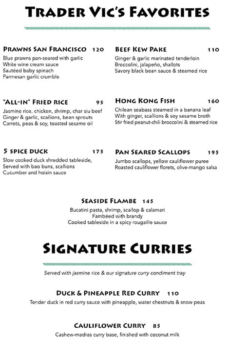 Menu at Trader Vic's Palm Jumeirah restaurant, Dubai