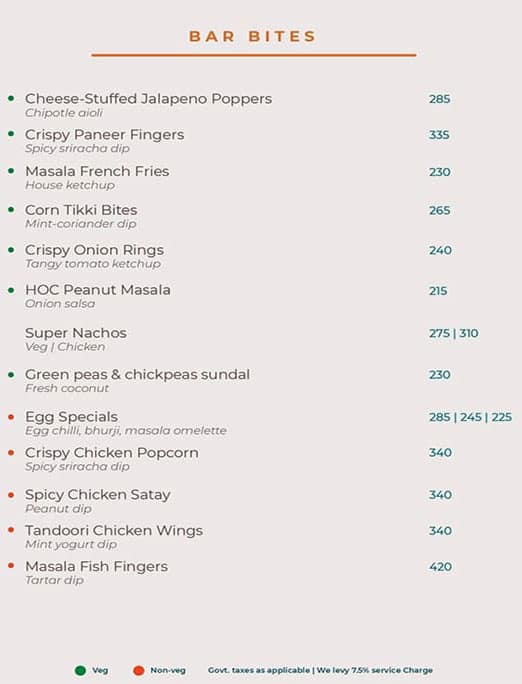 Menu of House Of Commons, Yelahanka, Bangalore