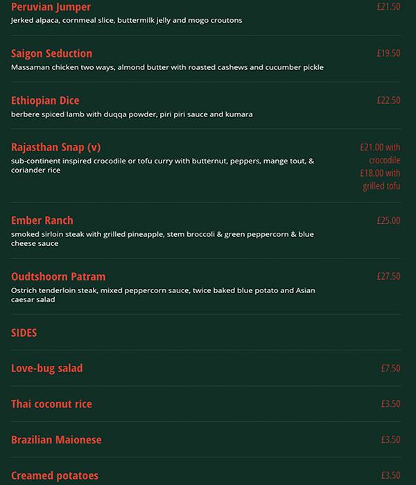 Menu at Archipelago restaurant, London, 53 Cleveland Street