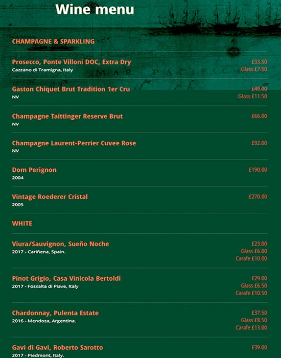 Menu at Archipelago restaurant, London, 53 Cleveland Street