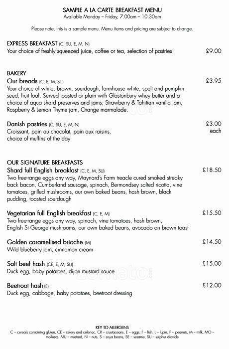 Menu at Aqua pub & bar, London, level 31