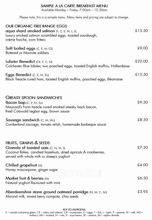 Menu at Aqua pub & bar, London, level 31