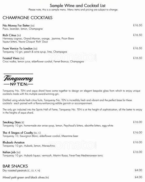 Menu at Aqua pub & bar, London, level 31