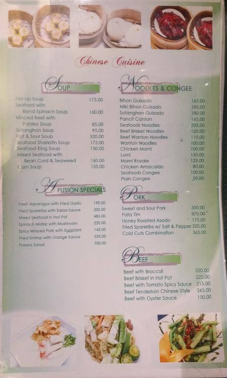 Menu at Club Mii, Manila