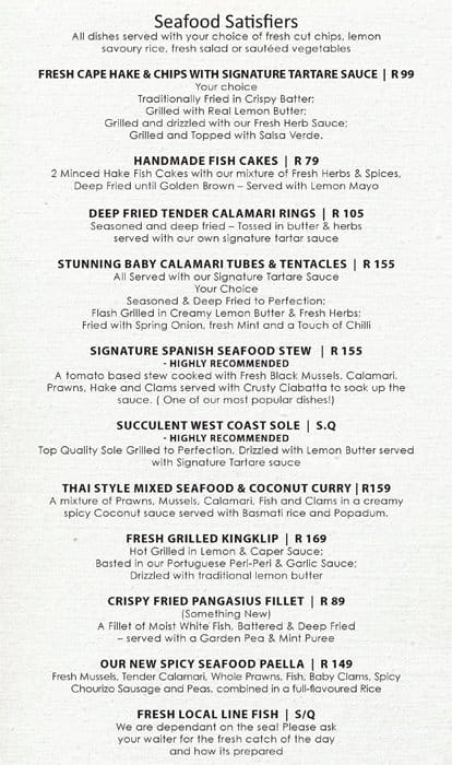 Menu at Saltwater Grill restaurant, Cape Town, Cnr Forest & Howard Drive