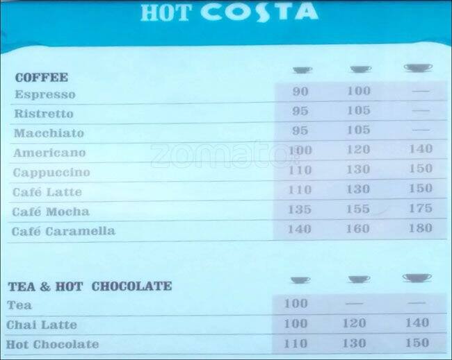Menu at Costa Coffee, Delhi, G22