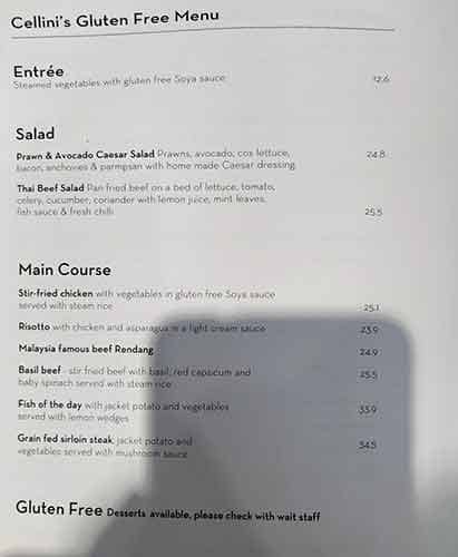 Menu at Cellinis Restaurant and Bar, Sydney, Queen Victoria Building